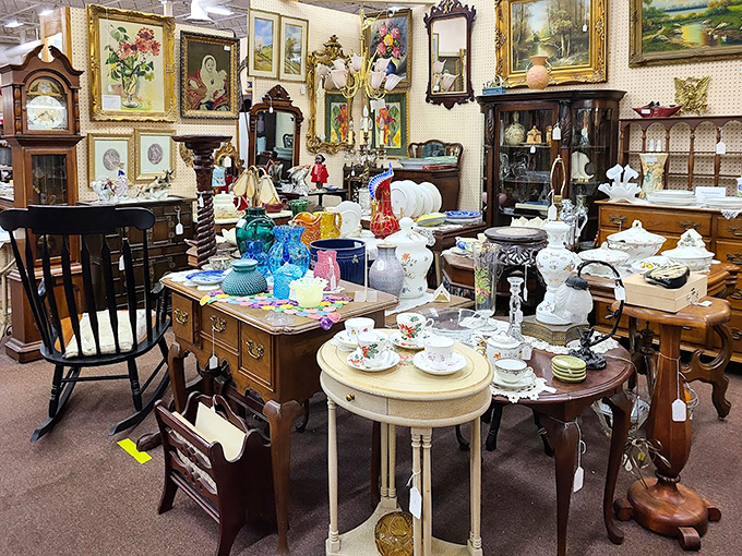 Glassware gleaming like jewels, each piece a survivor of countless dinner parties and dropped dishes.