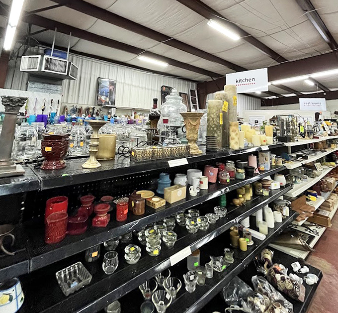 Glassware galore! From elegant crystal to kitschy mugs, this aisle holds the perfect vessel for whatever you're pouring&mdash;judgment not included.