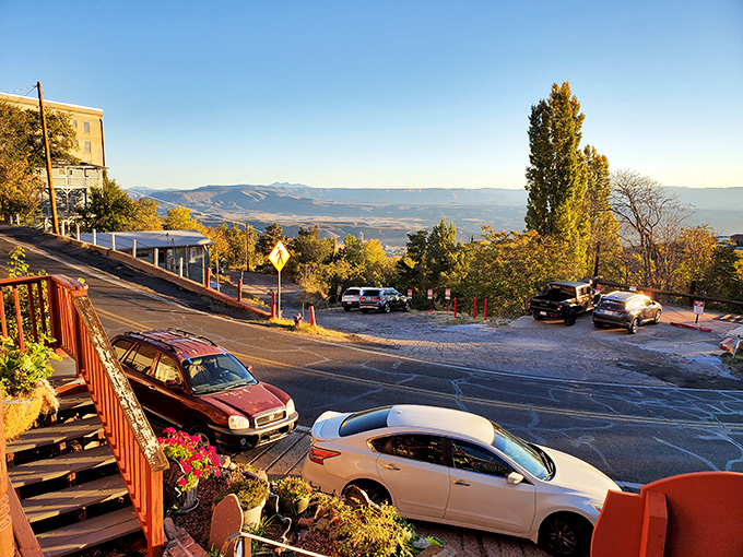 Sunset transforms Jerome into a golden-hued painting, where parked cars enjoy million-dollar views that real estate developers can only dream about.