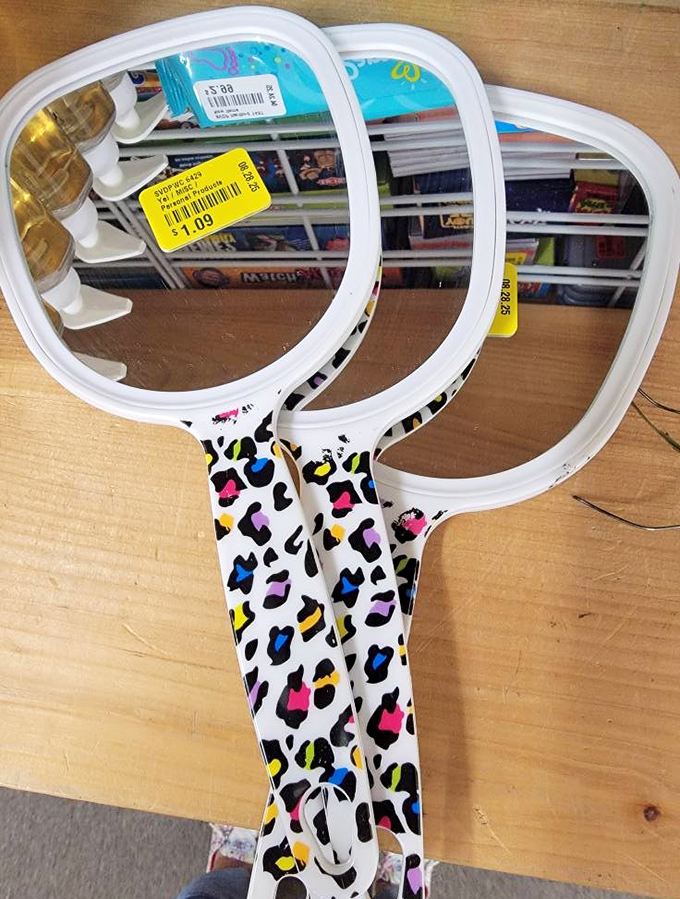 Mirror, mirror on the wall, who's the thriftiest of them all? These leopard-print hand mirrors reflect both your face and your savvy shopping skills.
