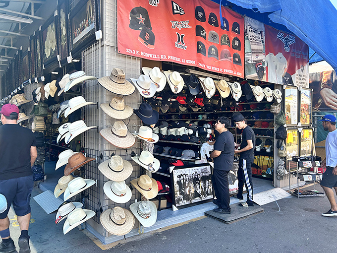 Cowboy hat heaven! Every style from working rancher to weekend warrior lines this booth, where your next personality upgrade costs less than dinner.