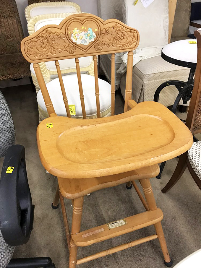 Nostalgia alert! This vintage wooden high chair with Care Bears detailing isn't just furniture&mdash;it's a time machine to 1980s childhood memories waiting to be passed down.