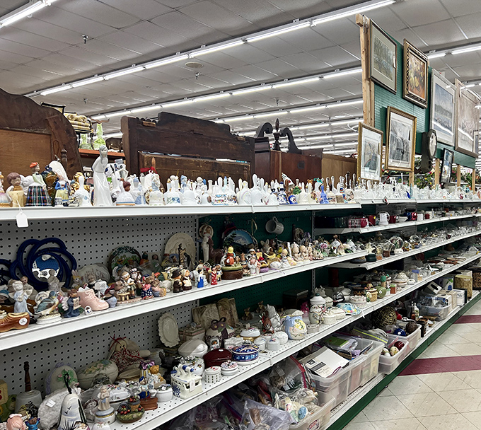 Porcelain figurines and collectibles stand in formation, a miniature army of nostalgia ready to march onto your mantelpiece.