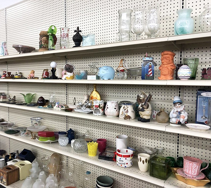 Vintage vases, quirky figurines, and colorful glassware create a treasure hunter's paradise in the home decor section.
