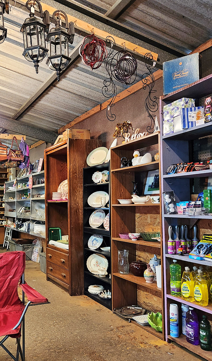 A collector's dream &ndash; shelves packed with vintage dishware, lanterns, and everyday items that tell stories of homes from decades past.