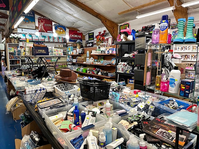 This vendor's organized chaos of toiletries and household goods resembles what might happen if your bathroom cabinet decided to have a yard sale.