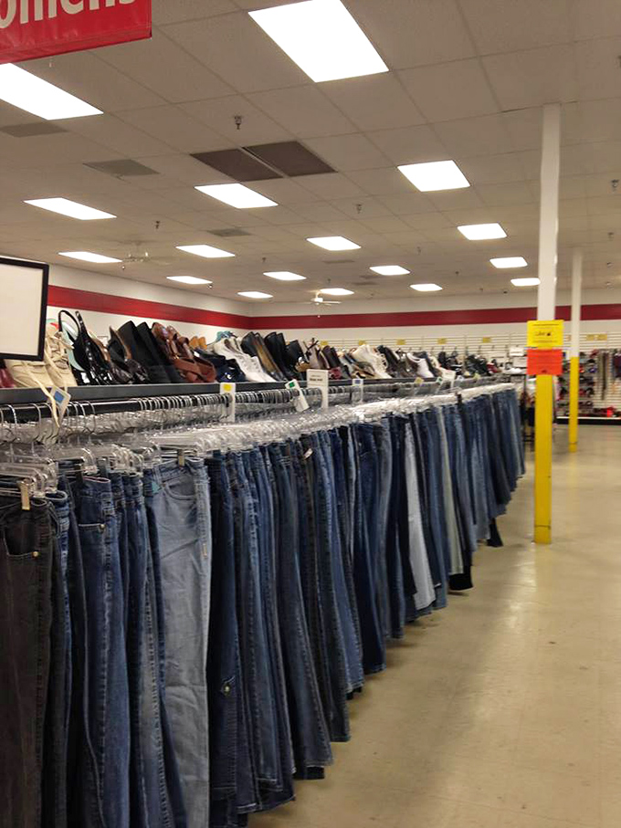 The jeans section stretches toward infinity, a blue denim galaxy where your next favorite pair awaits discovery.