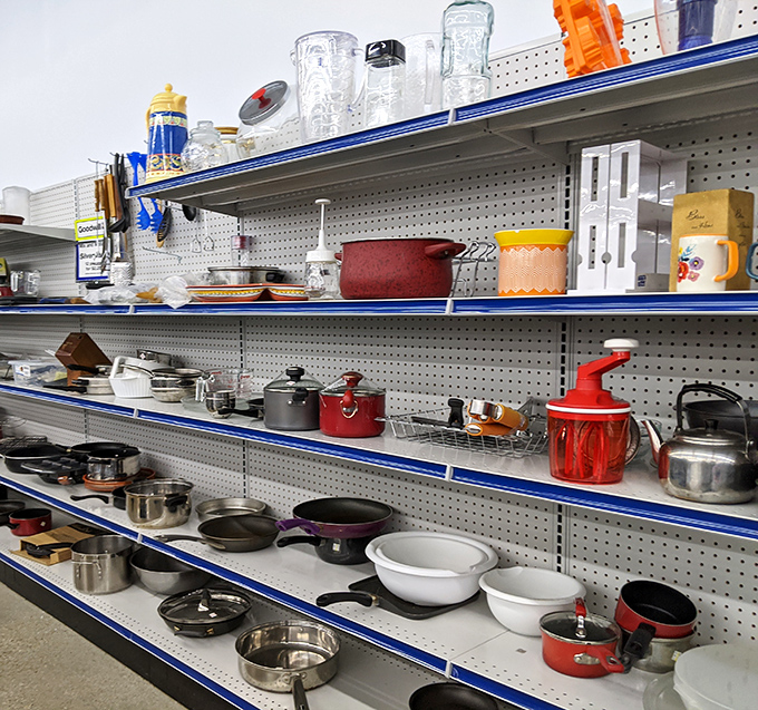 Cookware heaven for aspiring chefs and kitchen experimenters. That red enamel pot has probably seen more successful recipes than most cookbooks.