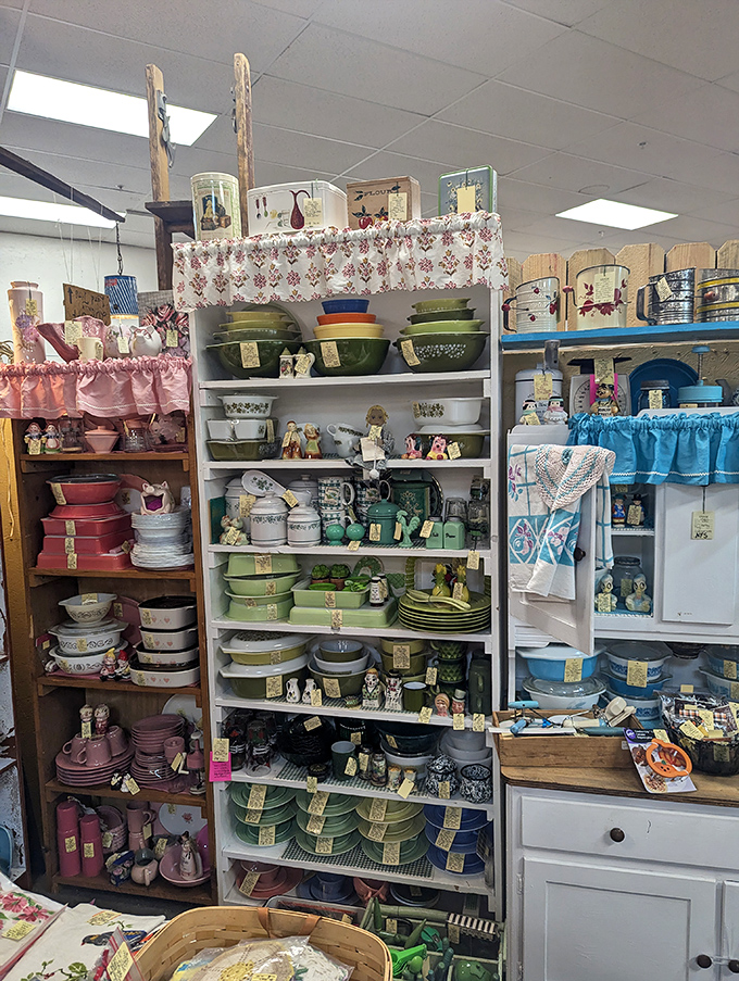 A rainbow of vintage Pyrex and kitchenware that would make your grandmother exclaim, "I had that set!" before launching into stories about Sunday dinners past.