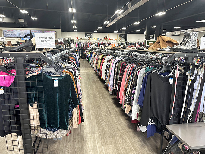 The ladies' clothing section stretches as far as the eye can see. Your next favorite blouse is hiding somewhere in this textile jungle.