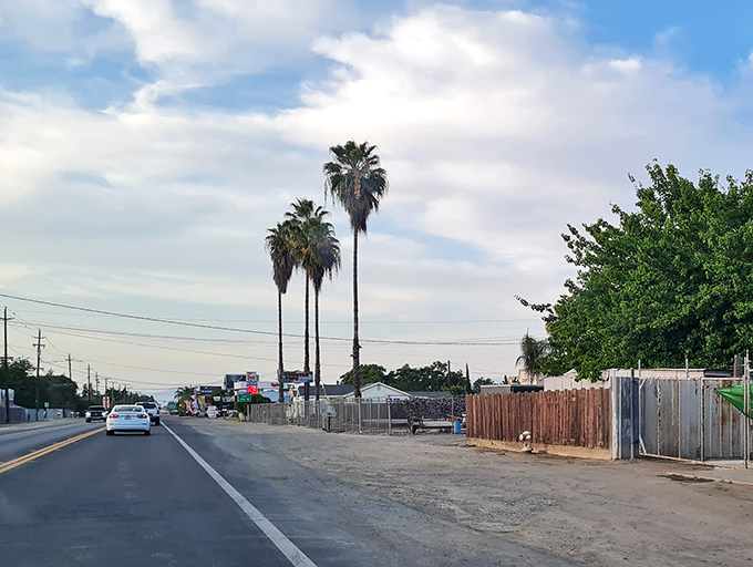 Palm trees line the thoroughfare like nature's exclamation points, announcing "Yes, you're still in California!" despite the reasonable cost of living.