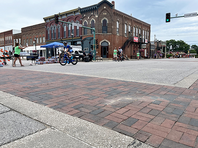 Downtown Winterset during a community event&mdash;where "rush hour" means more than six people crossing the street at once.