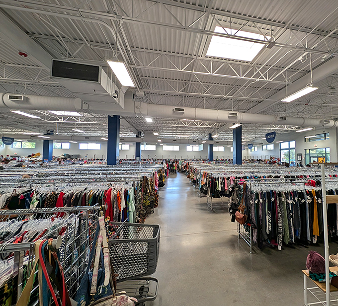 The grand cathedral of secondhand shopping. Pillars of blue and yellow stand like sentinels guarding treasures from every decade.