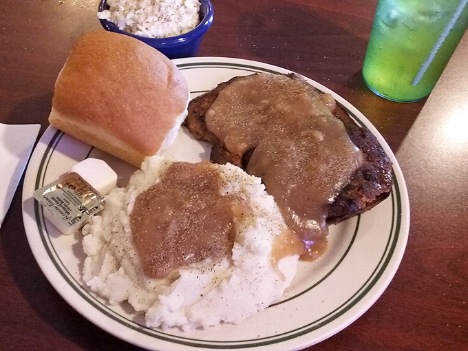 Meatloaf and mashed potatoes &ndash; the Batman and Robin of diner cuisine, working in perfect harmony on this classic blue-rimmed plate.