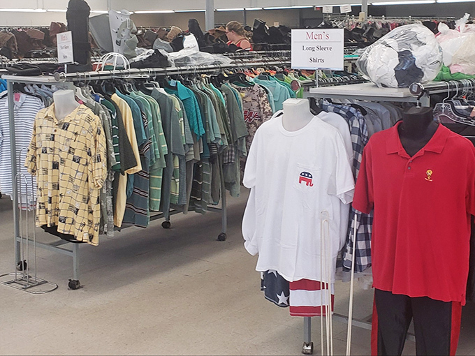 Men's shirts stand at attention like colorful soldiers, from business-casual veterans to that Republican elephant tee someone clearly received as a gift.