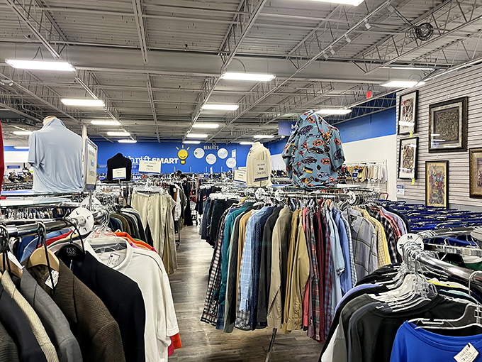 Men's clothing nirvana where button-downs and casual wear hang in perfect formation. The holy grail of business casual awaits discovery.