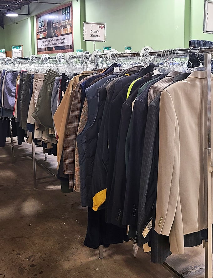 The men's section: where forgotten blazers and abandoned dress shirts await their second chance at making someone look professionally put-together.