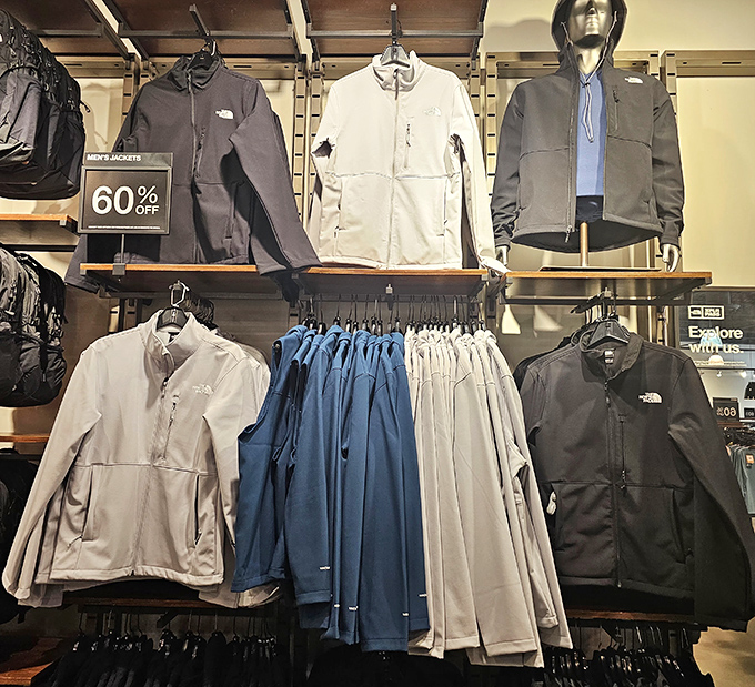 North Face jackets hang like trophies at 60% off, proving that adventure-ready outerwear doesn't require adventurous spending. 