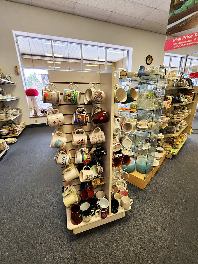 Mug paradise! A rotating display of personality-filled vessels proves one person's coffee cup castoff is another's morning joy.