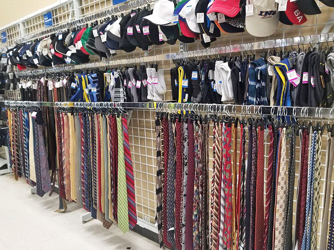 Neckties and caps organized by color prove that looking sharp for work doesn't require sacrificing your lunch money. 