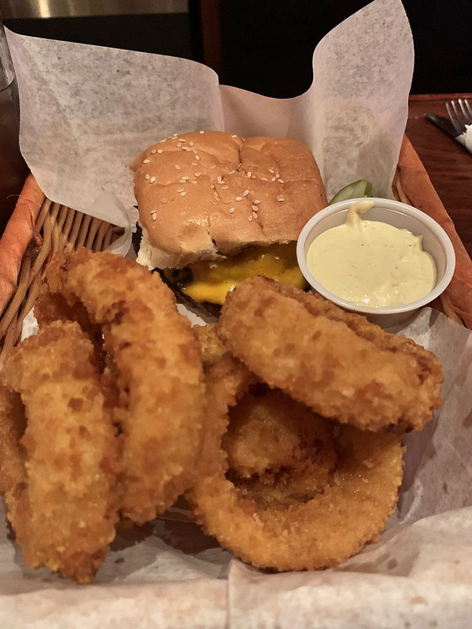 Onion rings and a slider &ndash; the dynamic duo of comfort food. Like Batman and Robin, if they were delicious and didn't fight crime.