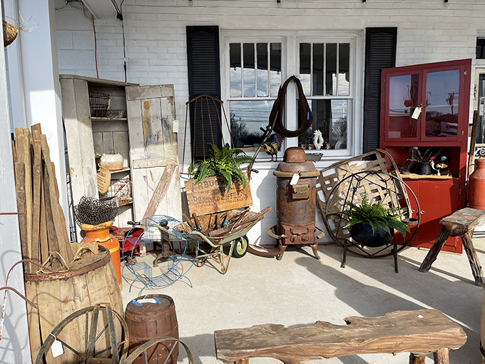 Rustic farmhouse finds and weathered garden implements bask in Virginia sunshine. That old milk can? It's just waiting for its Pinterest resurrection.