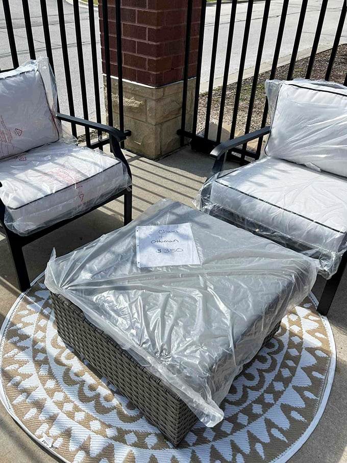 Patio furniture still wrapped like presents waiting to be opened. Your backyard could go from "meh" to magazine-worthy without the luxury price tag.
