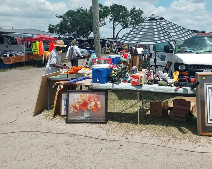 Art meets commerce in the Florida sunshine. Each vendor creates their own mini-gallery of possibilities under the watchful gaze of palm trees.