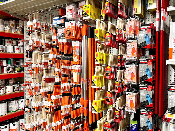 DIY paradise awaits in the hardware section, where brushes, rollers, and painting supplies stand ready for your next home improvement adventure.