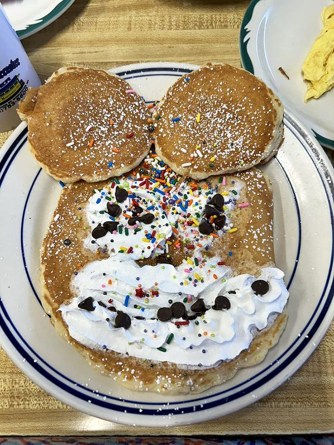 Mickey Mouse has never looked so delicious &ndash; these whimsical pancakes topped with whipped cream, sprinkles and chocolate chips would make any inner child rejoice.