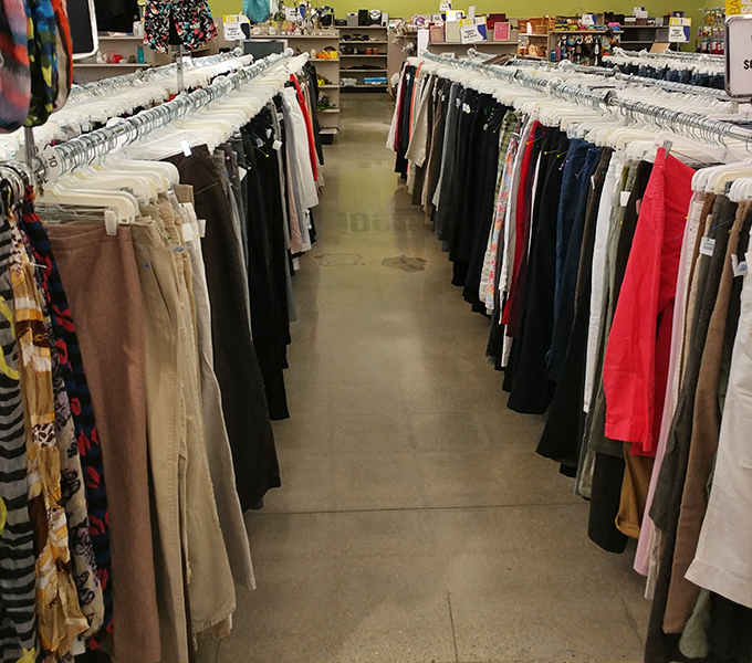 The pants corridor&mdash;a denim lover's dream or nightmare, depending on how you feel about decision paralysis. Every length, every style, every decade represented.