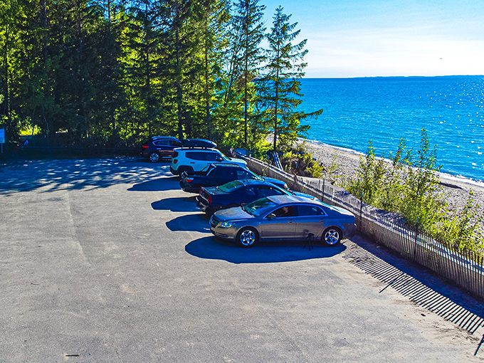 The world's most scenic parking lot, where your car waits patiently while you lose track of time along the shoreline.