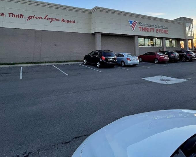 "Shop. Thrift. Give hope. Repeat." Not just a catchy slogan, but a lifestyle philosophy painted right on the building.