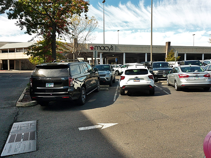 Macy's from the parking lot perspective&mdash;the calm before the shopping storm, where empty hands will soon be filled with red-starred bags.