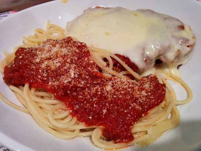 Italian comfort meets Midwestern portions in this classic pasta dish – where the sauce-to-noodle ratio achieves perfect harmony.
