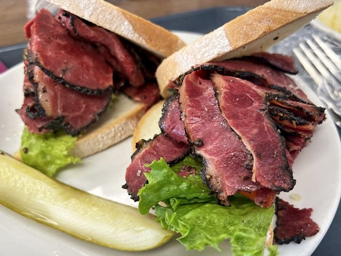 The pastrami sandwich &ndash; where pepper-crusted meat meets bread in a relationship more passionate than any romance novel.