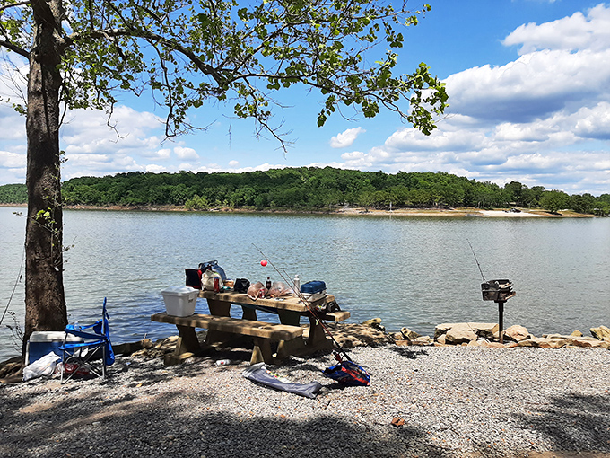 The ultimate lakeside office setup&mdash;fishing gear, picnic table, and a view that makes Zoom backgrounds everywhere look pathetically inadequate.