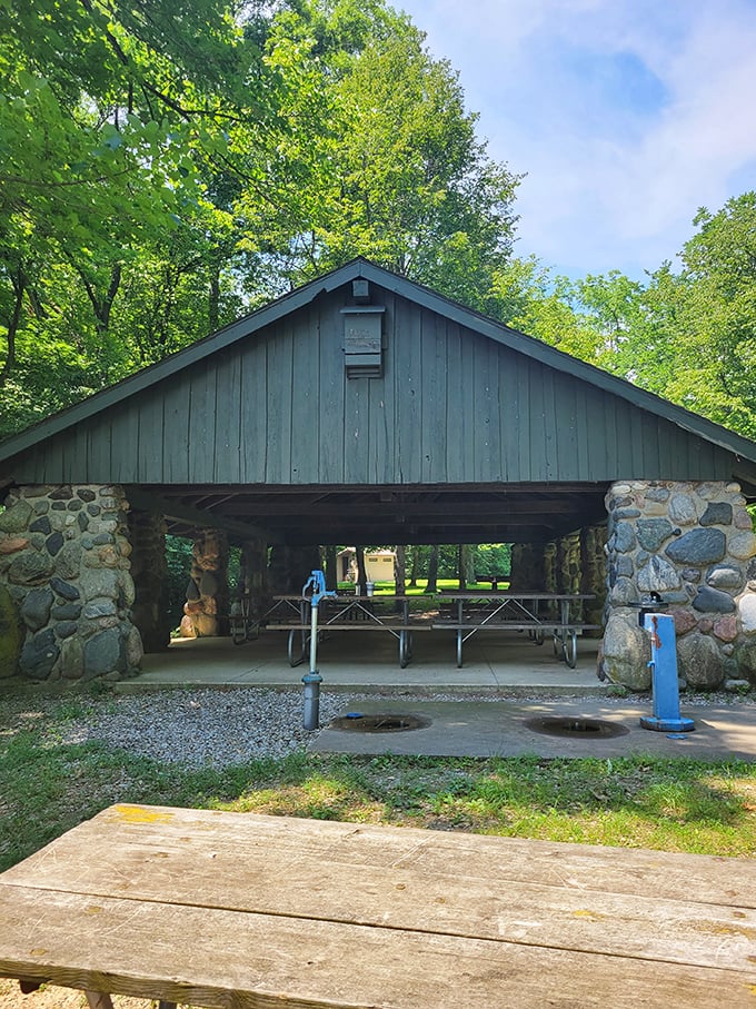 This rustic picnic shelter has witnessed countless family gatherings, each adding to its collection of laughter-infused memories.