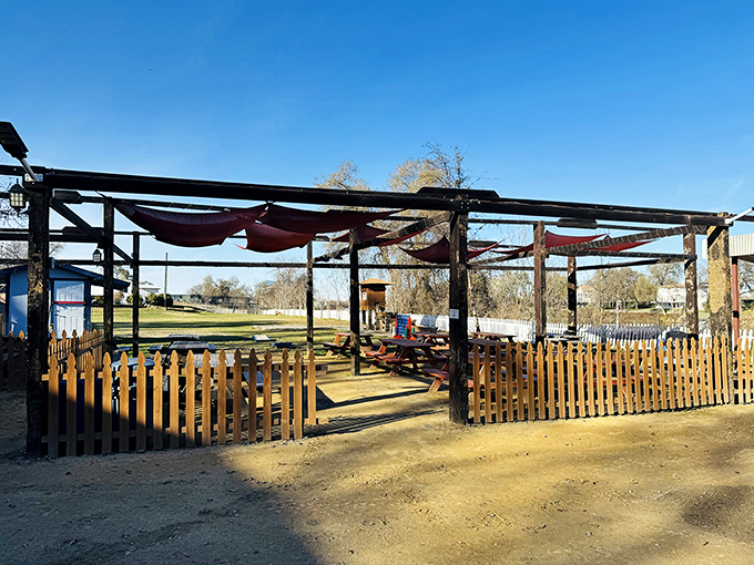 The covered picnic area offers a perfect respite from California sunshine, proving that sometimes the best dining rooms have no walls.