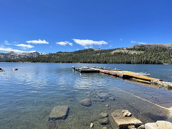 The dock of the bay, Sierra style. Where boats rest and visitors contemplate quitting their jobs to become mountain people.