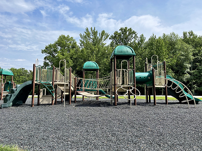 A playground where kids can burn energy while parents secretly envy the simplicity of childhood joy&mdash;swinging, sliding, and zero emails to check.