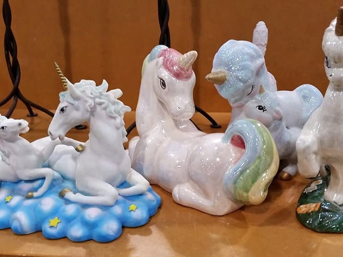 Unicorn figurines that once graced someone's curio cabinet now await their second chance. Kitsch becomes collectible when priced by the pound.