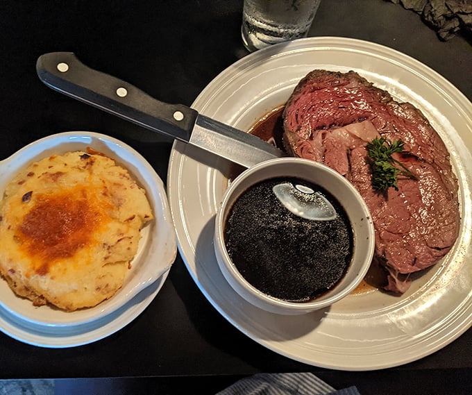 Prime rib that doesn't just satisfy hunger but fulfills a primal Midwestern yearning for perfectly cooked beef with all the classic accompaniments.