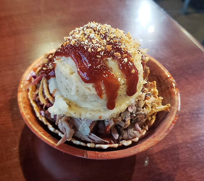 The pulled pork sundae&mdash;where mashed potatoes meet tender pork in a relationship so perfect it should have its own reality show.