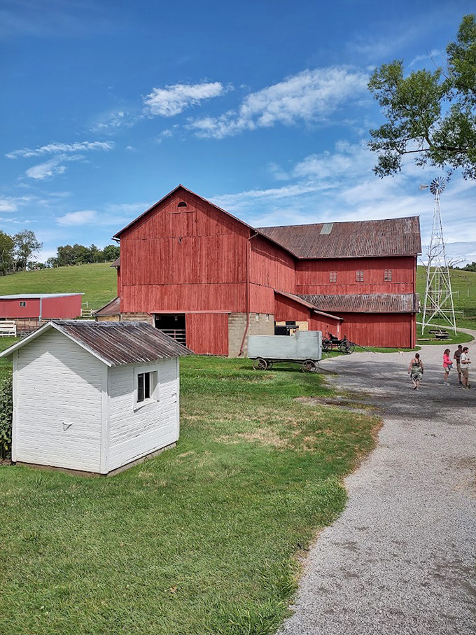 The iconic red barn&mdash;where actual horsepower still means something with four legs, not what's under your hood.