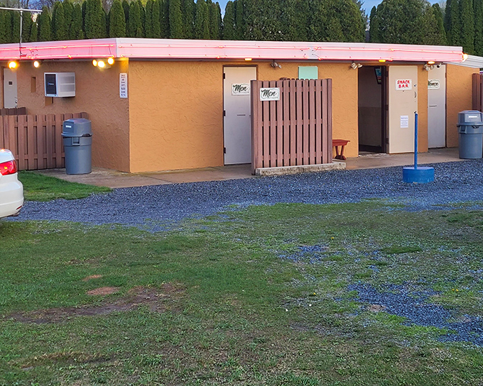 Simple restroom facilities maintain the no-frills charm that's been part of the drive-in experience for generations.