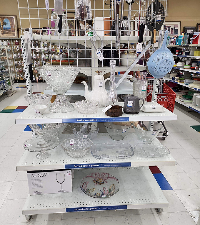 Crystal punch bowls and vintage serving pieces stand at attention, ready to class up your next dinner party without breaking the bank.