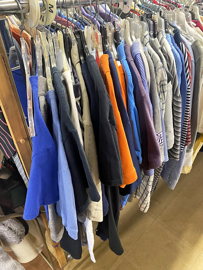 Men's clothing organized with military precision. Finding that perfect shirt here is like striking oil in your backyard&mdash;unexpected and thrilling.