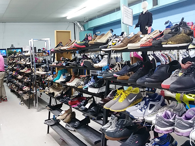 Shoe paradise where Nike sneakers mingle with dress loafers in a footwear democracy that would make Imelda Marcos weep with joy.