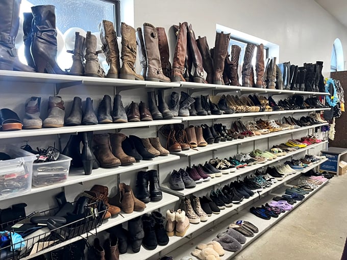 The boot brigade stands at attention, each pair waiting for its Cinderella moment. From cowboy cool to practical hikers, footwear finds its second chance.